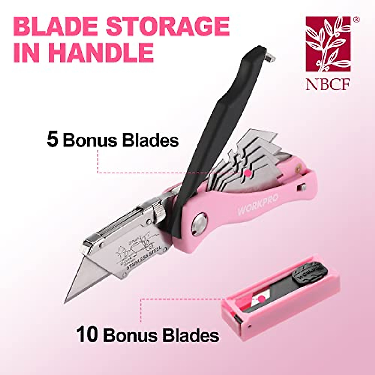 WORKPRO Folding Utility Knife, Quick Change Box Cutter, Pink Razor Knife for Cartons, Cardboard, Boxes with Blade Storage Design, Extra 15 Blades Included - Pink Ribbon
