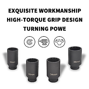 TBAPFS 4Pcs 1/2" Drive Deep Impact Socket Set 12 Point Metric 30mm 32mm 34mm 36mm Drive Spindle Axle Hub Nut Socket Set,Heavy Duty with Portable Storage Case,Use In Removing And Installing Axle Nuts
