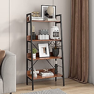 Ladder Shelf 4-Tier Bookshelf Plant Stand Kitchen Storage Rack Industrial Display Leaning Bookcase with Steel Frame Modern Wood Organizer Shelves Metal Furniture Home for Living Room Bedroom Office