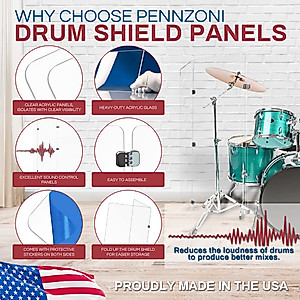 PENNZONI Drum Shield 6ft w/Chrome Hinges, Comes w/ 5 Drum Panels, & Chrome Hinges, Premium Clear Acrylic Panels, Drum Screen