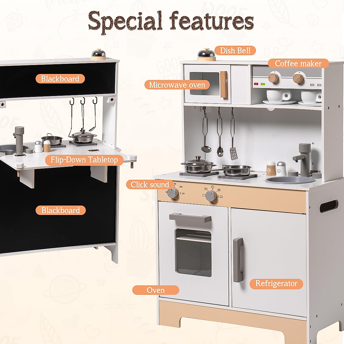 ROBOTIME Play Kitchen, Kids Kitchen Playset, Toy Kitchen Toddler Kitchen Set for Toddlers 1-3 w/Double-Side Pretend Play Stand with Theme Stickers/Dish-Bell for Ages 3+ Boys/Girls