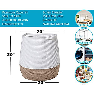 20" x 20" x 20" Extra Large Round Storage Basket, Cotton Rope Storage Baskets, Woven Laundry Hamper, Baby Toy Storage Bin, Toys Clothes Blankets Basket in Living Room, Baby Nursery, White/Jute Bottom