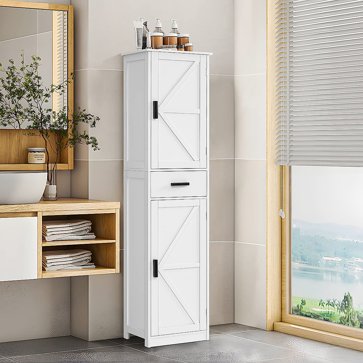 WEENFON Tall Bathroom Cabinet, Storage Cabinet with 6 Shelves & Drawer, Bathroom Storage Cabinet with Ajustable Shelves, Tall Cabinet for Living Room, Home Office, White