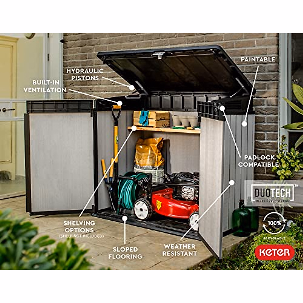 Keter Elite Store 4.6 x 2.7 Foot Resin Outdoor Storage Shed with Easy Lift Hinges, Perfect for Trash Cans, Yard Tools, and Pool Toys, Grey