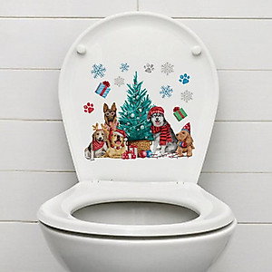 Christmas Toilet Stickers Christmas Wall Decal, Dogs Pattern Bathroom Toilet Seat Christmas Decoration, Xmas Toilet Seat Cover Tank Lid Decals Bathroom Decorations