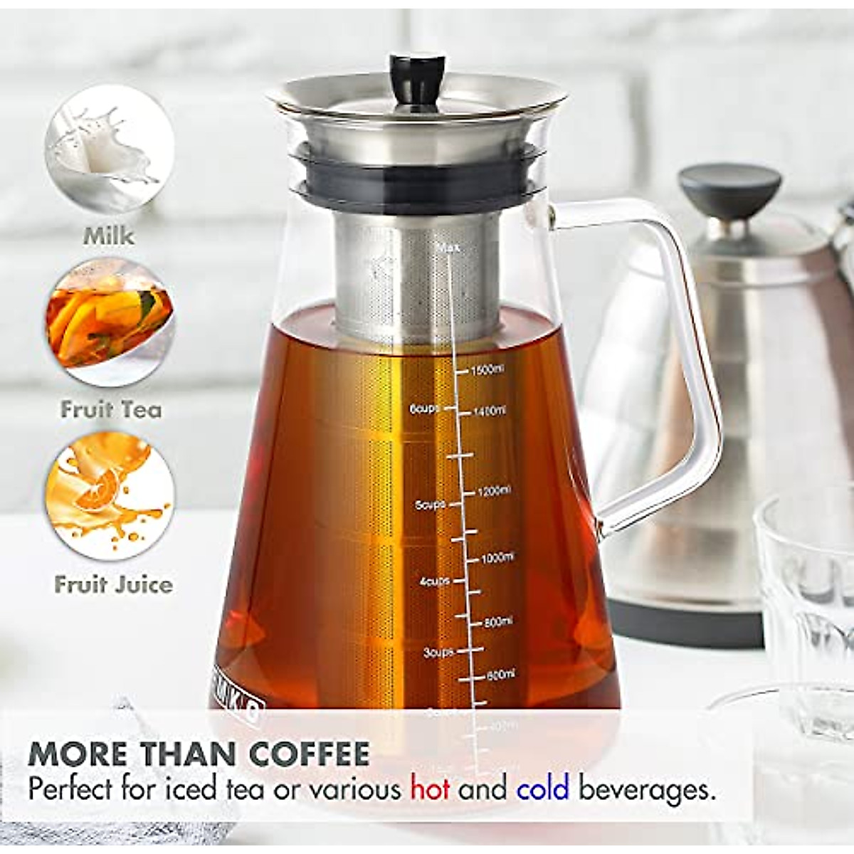 Aquach Airtight Cold Brew Coffee (Iced Tea) Maker 51oz/1.5L, BPA-Free, Durable Borosilicate Glass Pitcher and Stainless Steel Fine-Mesh Filter, Dishwasher Safe, Spill-proof, 6 Cups Capacity