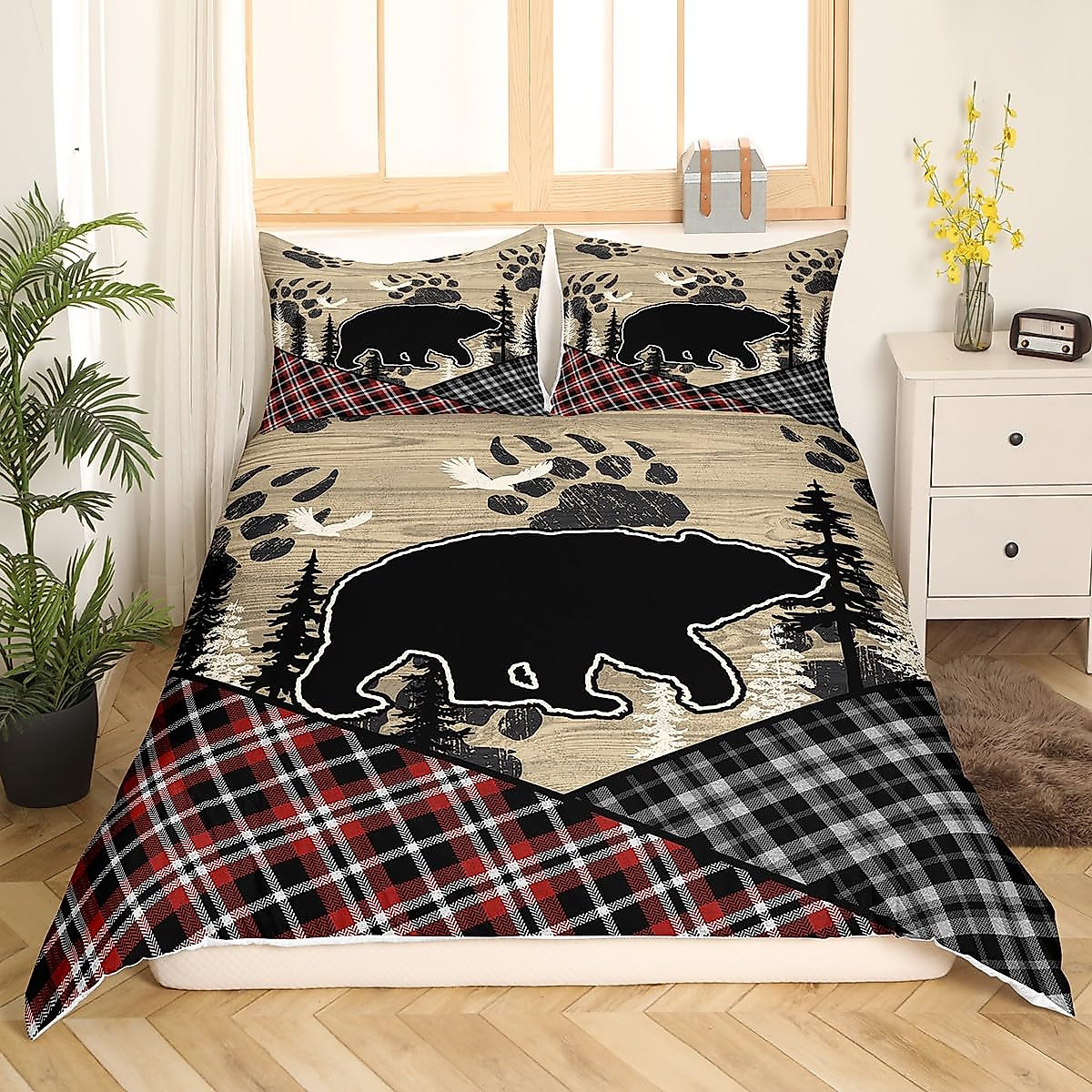 Retro Farmhouse Comforter Cover Bear Patchwork Bedding Set,Brown Wood Country Cabin Duvet Cover King Woodland Animals Dark Shadows Rustic Decor,Red Black Lattice Checkered Buffalo Plaid Decor