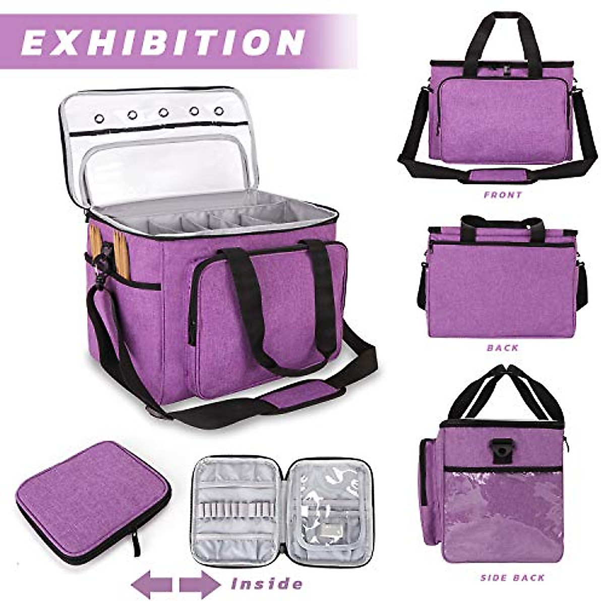 Knitting Bag, Yarn Tote Storage Organizer with Separate Crochet Hooks & Knitting Needles Bag,Slits on Top to Protect Wool and Prevent Tangling Large Purple