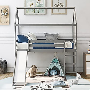 LostCat Twin Size Loft Bed with Slide, House Shaped Solid Pine Wood Bed Frame with Safety Guardrail & Ladder, No Box Spring Needed, Save Space Design for Kids, Teens, Girls, Boys, Grey