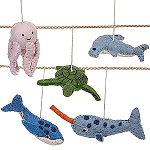Solas Fifty Two Wool Felt Ocean Animals Hanging Decorations Nursery Decor Felt Animal Figures for Play Set of 5 Handmade Narwhal, Shark, Turtle, Octopus, Whale Christmas Tree Ornaments