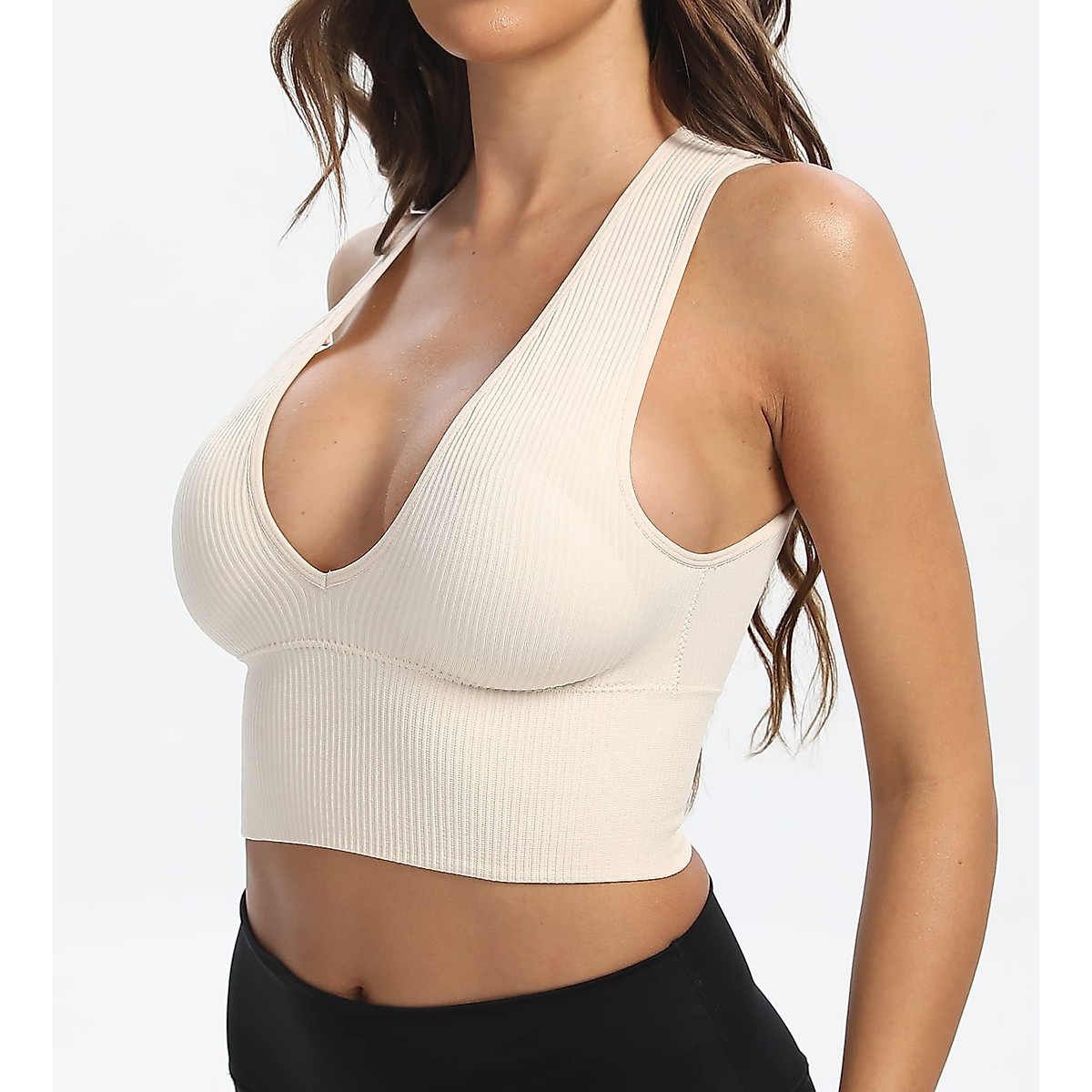 Venbond Women's Sexy Sleeveless Seamless Crop Top Deep Plunge V Neck Ribbed Tank Top with Removable Pads (Light Nude, M)