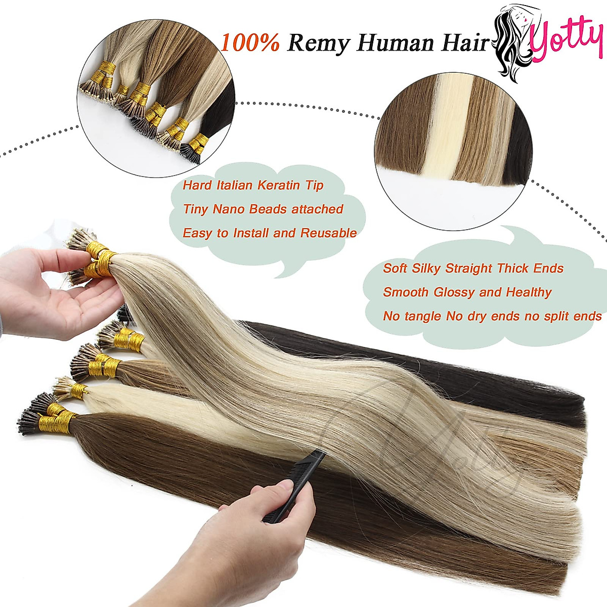 Nano Ring Hair Extensions Human Hair Keratin Cold Fusion Nano Tip Micro Nano Beads Link Thick Hair Balayage Highlight Ombre Real Remy Hair 1g/s (20inch100gr100s, Silver Gray)