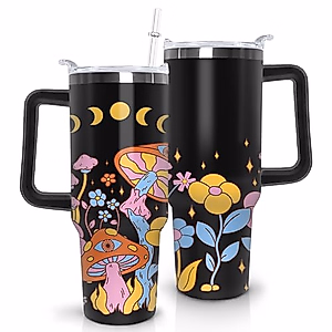 thmasamwr Mushroom Tumbler with Lid and Straw, Stainless Steel Mushroom 40oz Tumbler with Handle, Black Mushroom Travel Coffee Mug Mushroom Gifts Cups for Women and Men