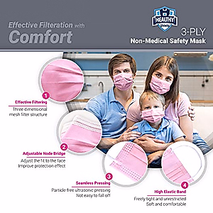 Healthy Shield 50pcs Disposable 3-Ply Safety Face Mask, Comfortable Ear Loop and Breathable, Non-Woven, Mouth Covers, Nose Clip, perfect for Adult, Men, Women, Home, Office, Indoor, Outdoor. - Pink