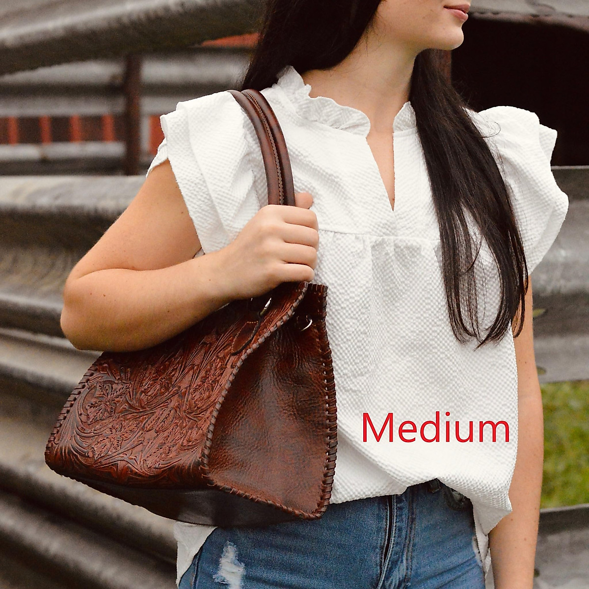 Mauzari Tooled Leather Shoulder Bag Tote for Women (Koa, Large)