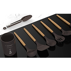 Silicone Cooking Utensils Set - 446°F Heat Resistant Silicone Kitchen Utensils for Cooking,Kitchen Utensil Spatula Set w Wooden Handles and Holder for Non-Stick Cookware, BPA FREE (Coffee)