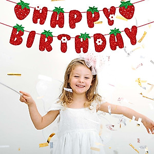 BIEUFBJI Strawberry Happy Birthday Banner, Glitter Strawberry Banner, Strawberry Theme Birthday Garland for Birthday Party Hanging Decorations