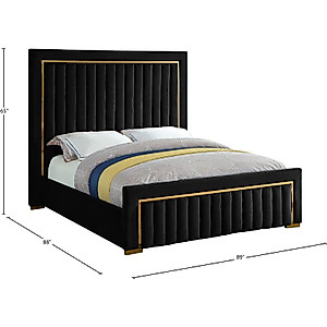Meridian Furniture Dolce Collection Modern | Contemporary Velvet Upholstered Bed with Luxurious Channel Tufting and Gold Metal Trim/Legs, King, Black