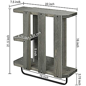 MyGift Wall Mounted Vintage Gray Wood Bathroom Folded Towel Storage Organizer and Towel Rack with Display Shelves and Industrial Metal Pipe Hanging Bar