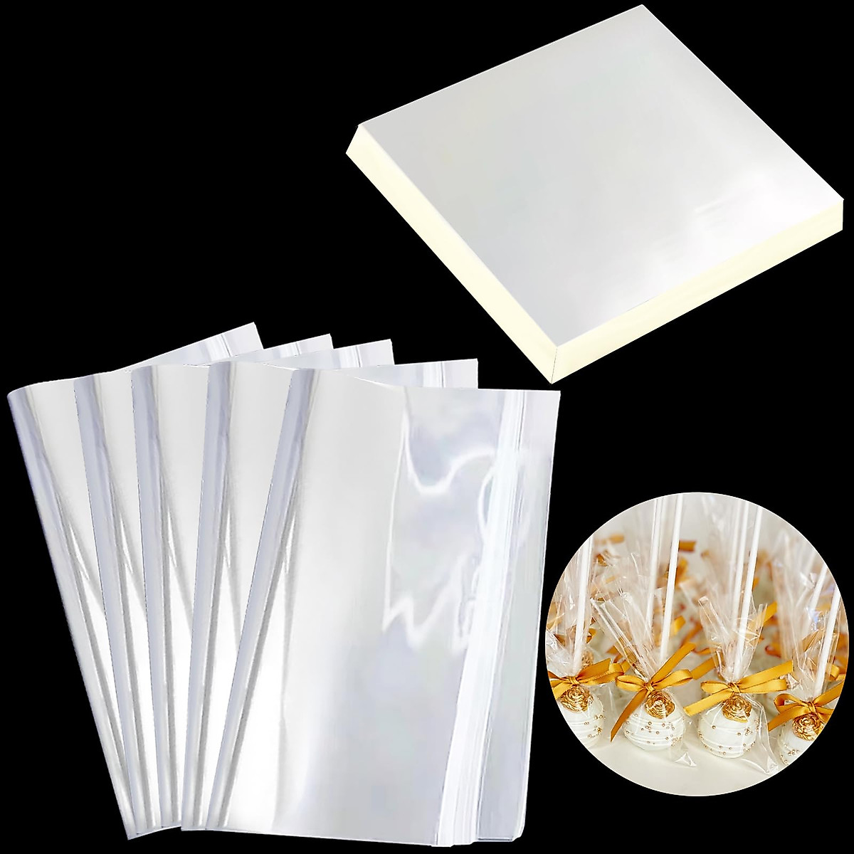 SYOGUA 150 Pcs Clear Cellophane Sheets, 9 x 9 Inches 3 Mil Thick Candy Wrapper Clear Gift Wrap Sheet, Crystal Clear Cellophane Wrap Paper for Treats, Candies, Cake Pop, Henna Cones, DIY Crafts