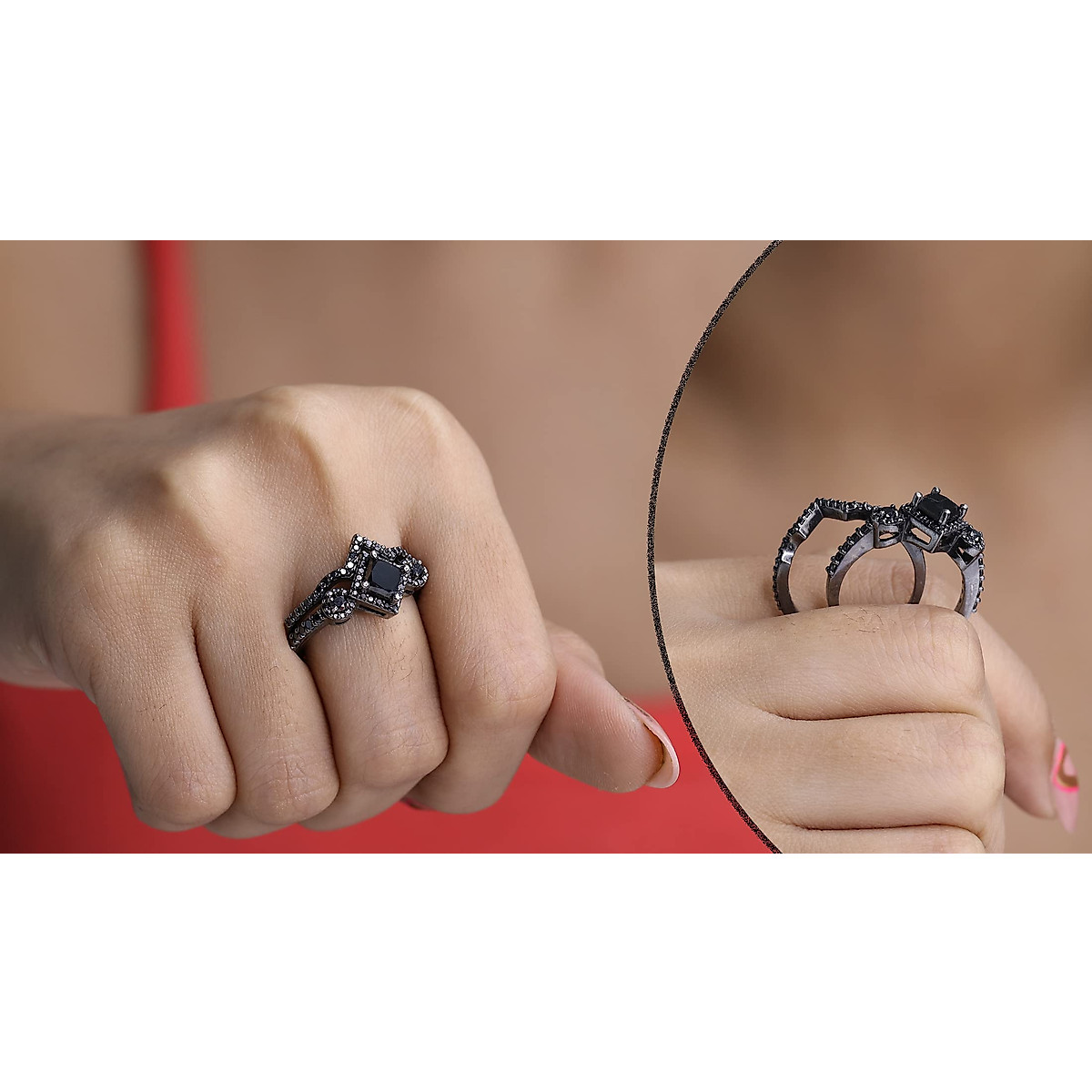 Dazzlingrock Collection 2.10 ctw Princess & Round Black Diamond Chevron Ring Set for Women in Black Plated Sterling Silver, Size 9.5