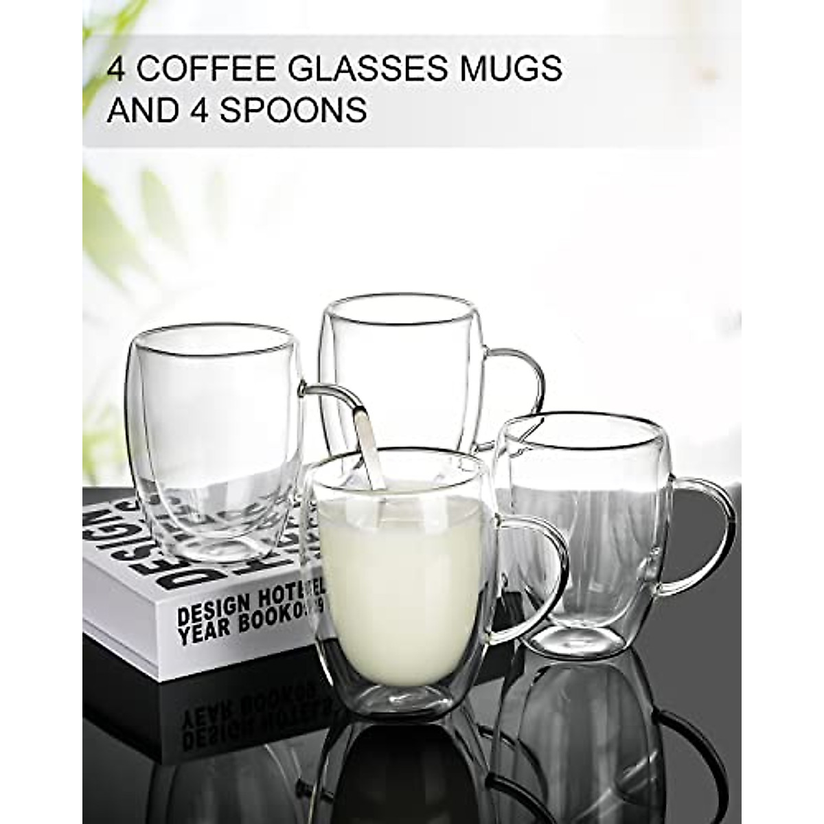 LIBWYS 4 Pack Double Walled Coffee Cups Glasses Mugs, 12oz Espresso Cappuccino Latte Tea Cups with Handle, Heat Resistant Borosilicate Clear Glasses 350ml