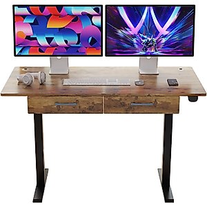 Our Modern Space 2-Drawer Height Adjustable 45" Electric Standing Desk - Upgraded Ultra Durable Home Office Large Rectangular Computer Table or Laptop Sit Stand Workstation - Maple