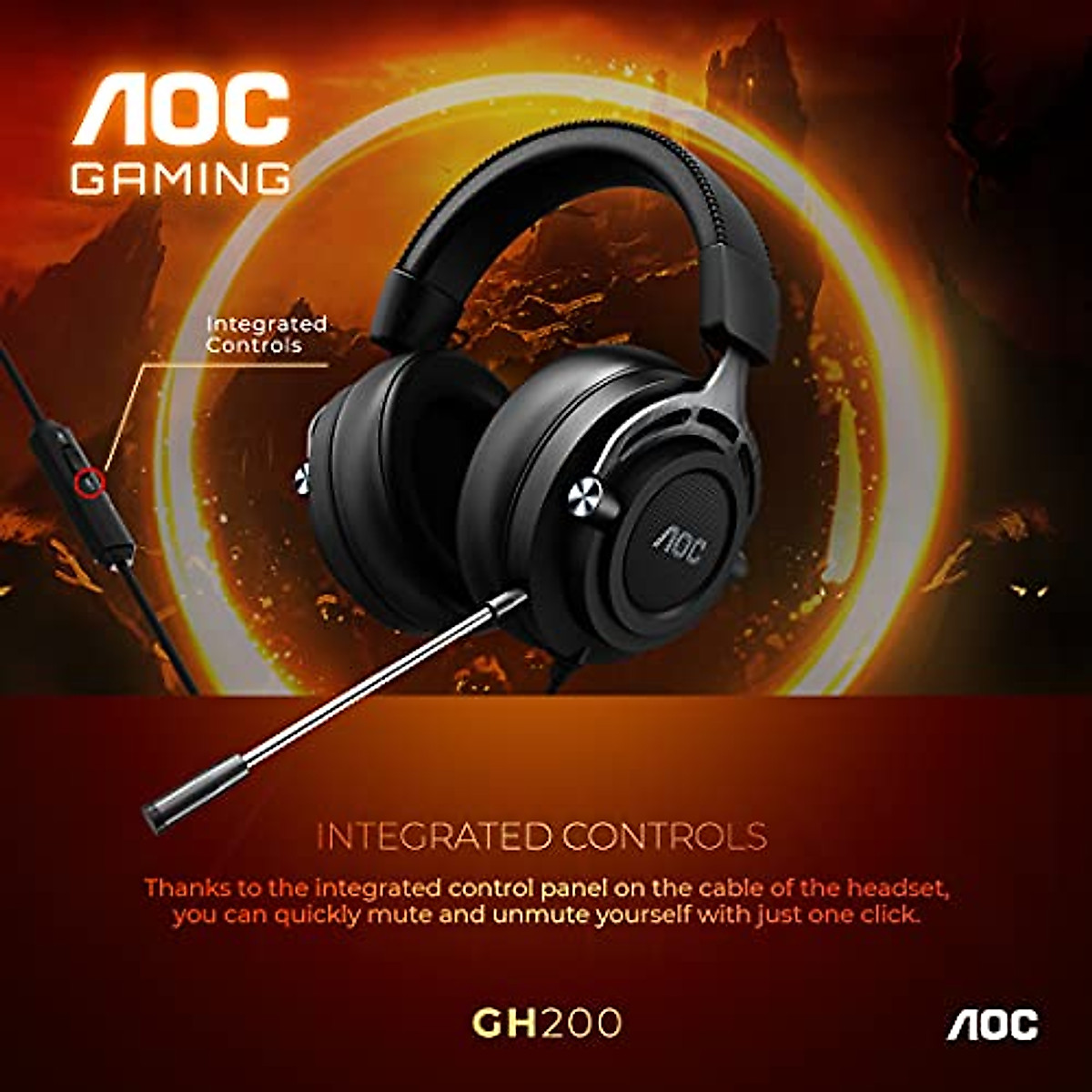 AOC Gaming GH200 Wired Gaming Headset with 2.0 Stereo Sound, Built-in Detachable Microphone, Premium Protein Leather, Integrated Control Panel and 3.5 mm Cable Connection