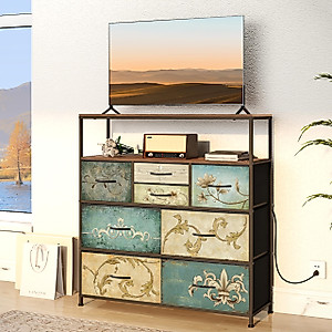 Tohomeor TV Stand with Power Oulet Dresser with Charging Station & LED Light Dresser with 8 Fabric Drawers for Living Room Storage Chest of Drawers Retro Dresser with Open Shelf Wooden Top