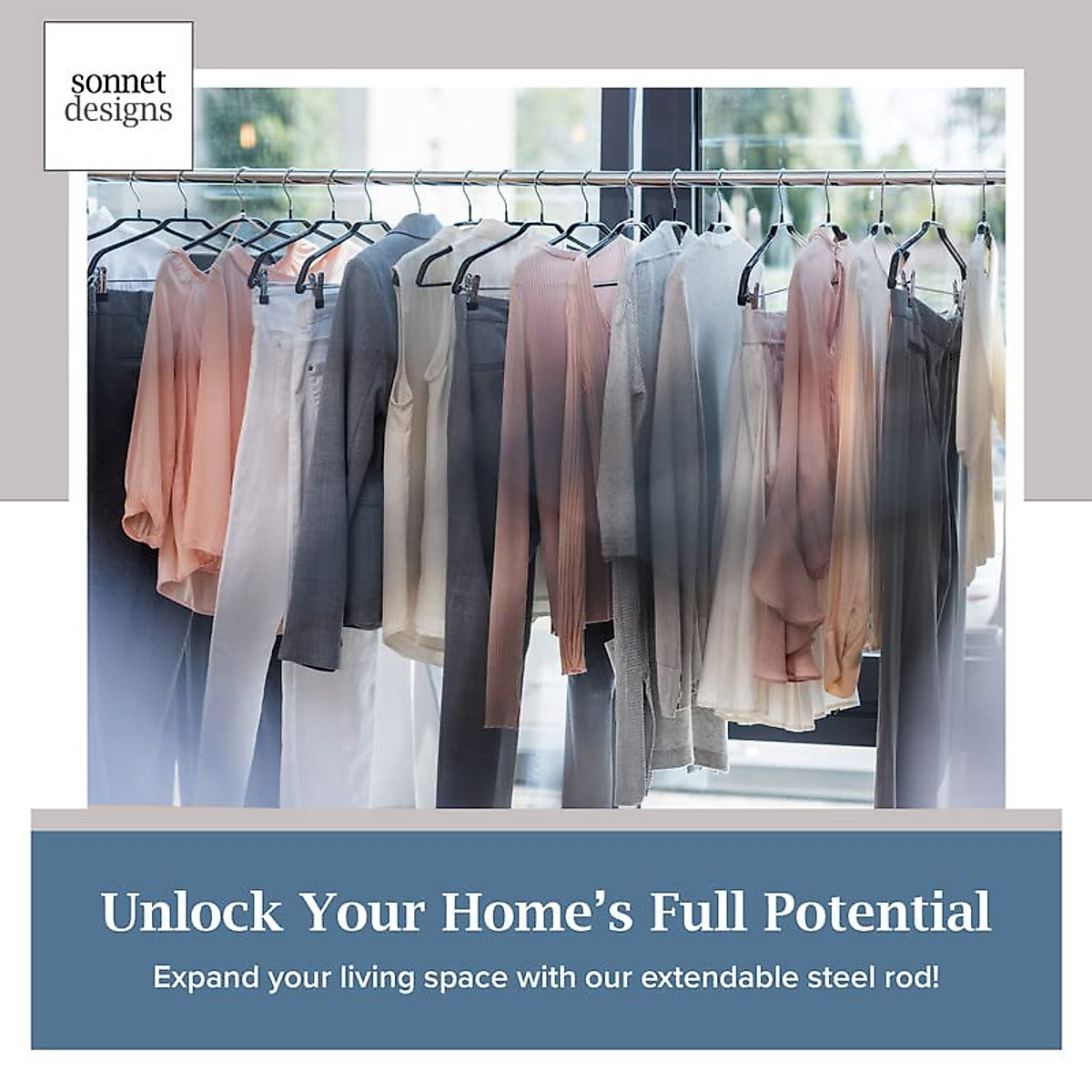 Sonnet Designs Adjustable Closet Rod - Closet Rods for Hanging Clothes, Wardrobe, Shower Pole, Kitchen, Windows, Rustproof Stainless Steel - 22.5 to 39.5” Closet Hanging Rod