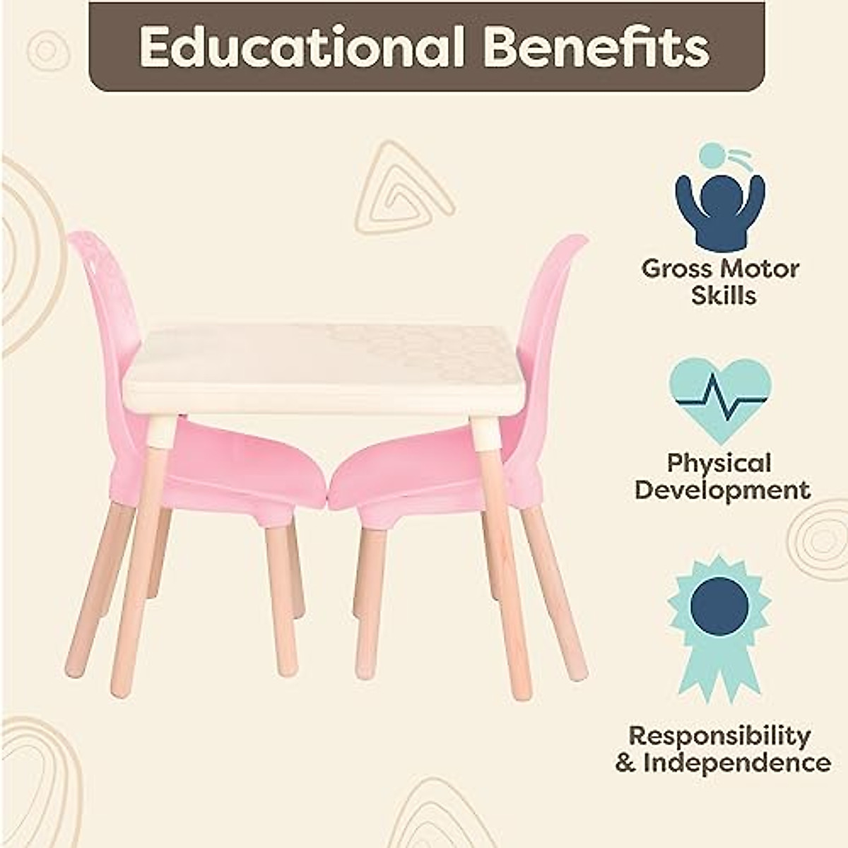 B. toys- B. spaces- Table and Chair Set- Furniture For Toddlers- 1 Craft Table & 2 Chairs- Natural Wooden Legs- Pink & Ivory- 3 years +