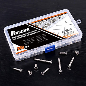 Rustark 210Pcs [#6 5/16'' to 1-1/2''] 304 Stainless Steel Flat Head Phillips Cross Wood Screw Drive Self-Drilling Screws Assortment Kit