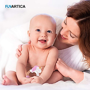 Silicone and Wood Teether Ring in Organic & Natural 100% Food Grade Silicone & Beech Wood, Unicorn Teething Toy (Pink-1pack)