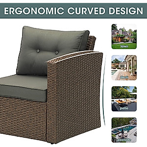 MAXXPRIME 3-Piece Patio Furniture, Wicker Sectional with Ergonomic Design, Lightweight Aluminum Frame, All-Weather Wicker Rattan, Non-Slip Cushions, Brown Wicker and Dark Grey Cushion