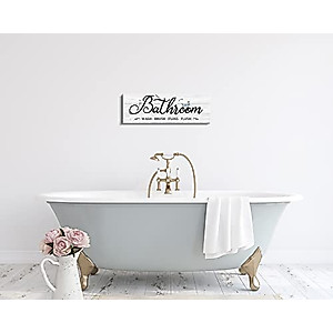 Kas Home Bathroom Sign Rustic Canvas Wall Art Funny Motto Prints Farmhouse Bathroom Decor Pictures with Solid Wood Frame for Home Toilet Hotel Bar (White - bathroom, 5.5 x 16.5 inch)