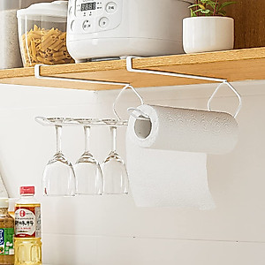 LINFIDITE Paper Towel Holder Hanger Under Cabinet Wine Glass Holder Paper Towel Racks No Drilling Sliding Wall Mount Paper Rolls Rack Kitchen Hanging Storage Rack
