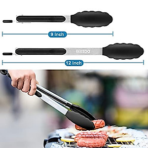 EEKEDO Kitchen Tongs, Stainless Steel Silicone Tongs for Cooking 600ºF High Heat-Resistant BBQ Grilling Locking Tongs, Set of 2-9" and 12"