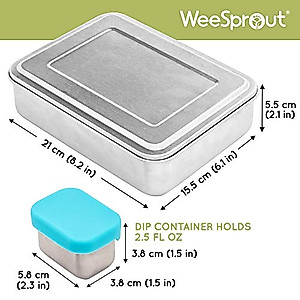 WeeSprout 18/8 Stainless Steel Bento Box (Large) - 3 Compartment Metal Lunch Box, for Kids & Adults, Bonus Dip Container, Fits in Lunch & Work Bags, Dishwasher & Freezer Friendly