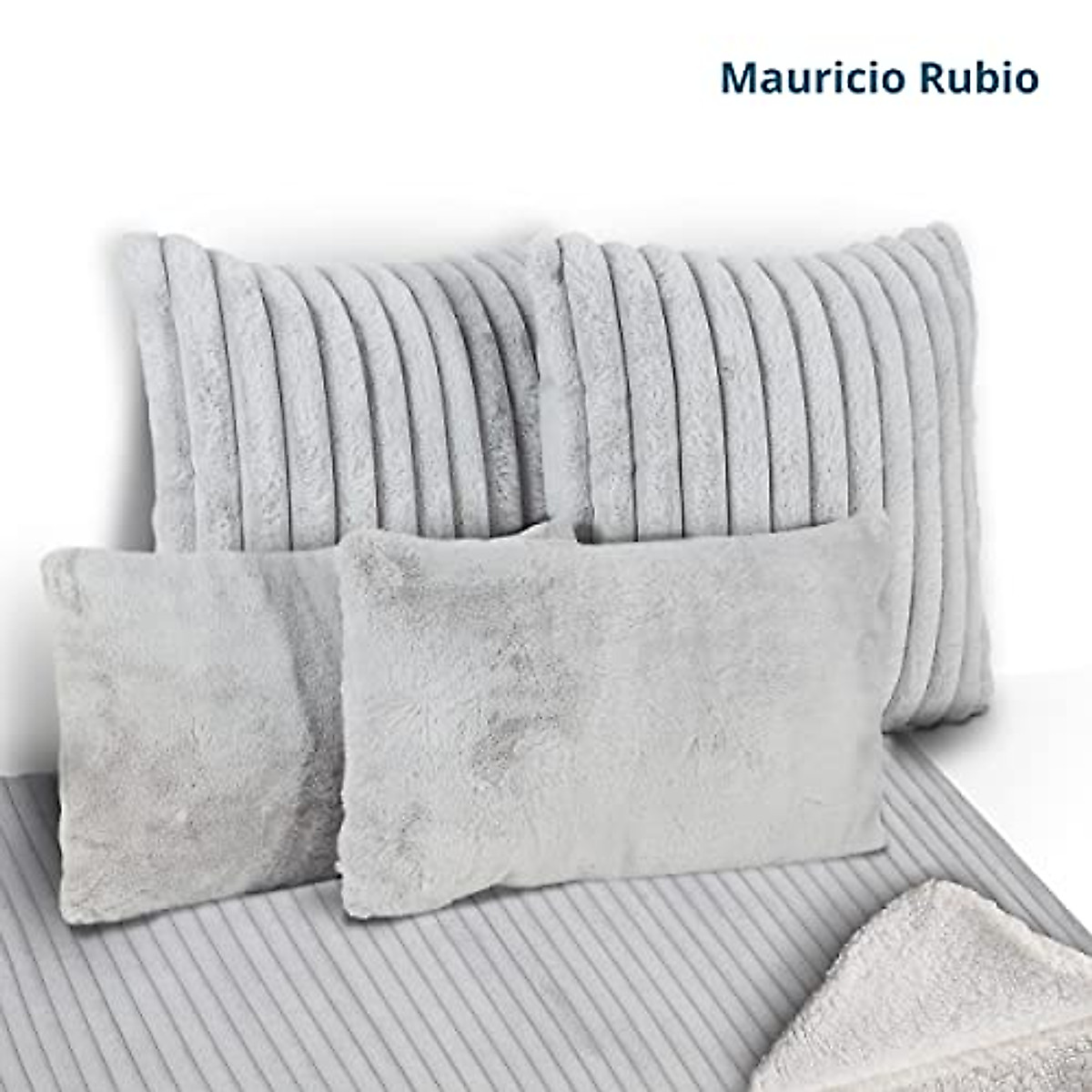 Mauricio Rubio Grey Throw Blanket and Throw Pillow Covers Set of 5 - Faux Fur Blanket Throw & Throw Pillows for Couch and Sofa, Includes 4 Decorative Soft Pillowcases, 60”x50” Fleece Blanket