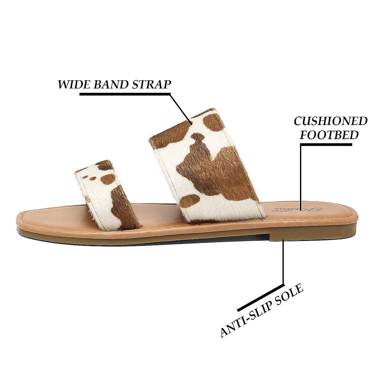 katliu Women's Flat Sandals Two Strap Slide Sandals Open Toe Cow Print Brown 8