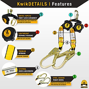 KwikSafety - Charlotte, NC - COBRA WEB 6’ Twin-Leg [NO TANGLE] Self Retracting Lifeline ANSI CLASS A SRL Rebar Hooks Shock Absorber Roofing Construction Personal Fall Arrest Protection