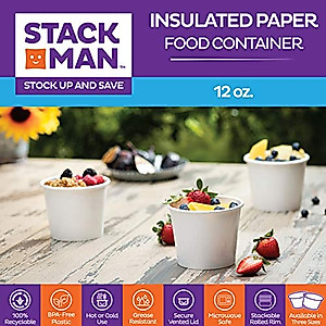 [12 oz. - 50 Sets] Paper Food Container with Lid, Insulated Paper Food Cup with Paper Vented Lid, Hot or Cold to Go Containers, Soup Container, Ice Cream Cup, Yogurt Cup, Eco-Friendly White Container