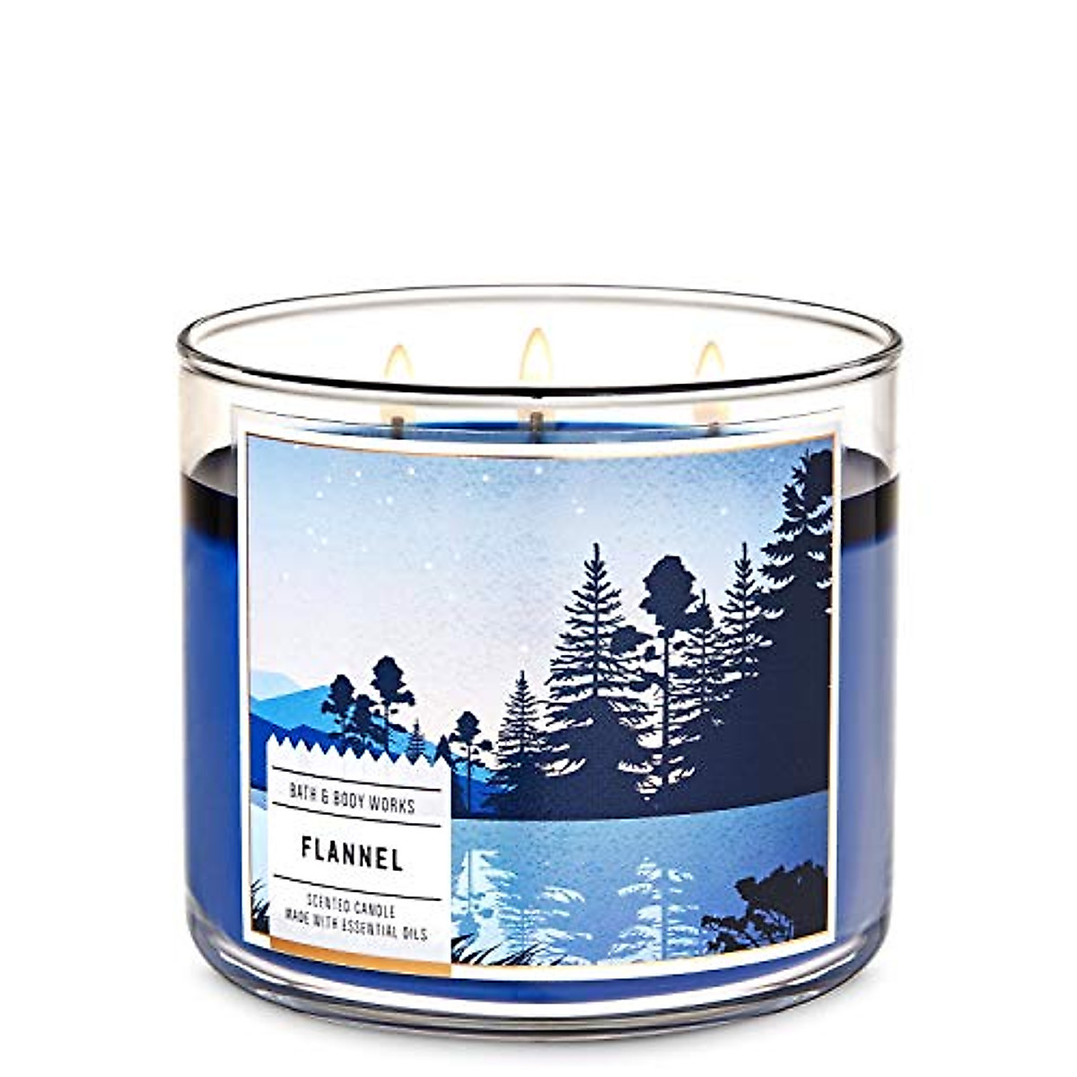 White Barn Bath & Body Works Flannel 3-Wick Candle 14 oz Blue Mountain & Trees Label