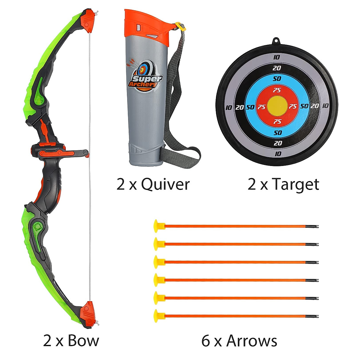 MorTime 2 Pack Bow and Arrow Set with LED Flash Lights, Practice Outdoor Toys for Kids ，Green Light Up Archery Toy Set -includes 6 Suction Cup Arrows