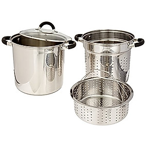 ExcelSteel 12 Qt Multifunction Stainless Steel Pasta Cooker with Encapsulated Base, Vented Glass Lid, and Riveted Silicone Covered Handles