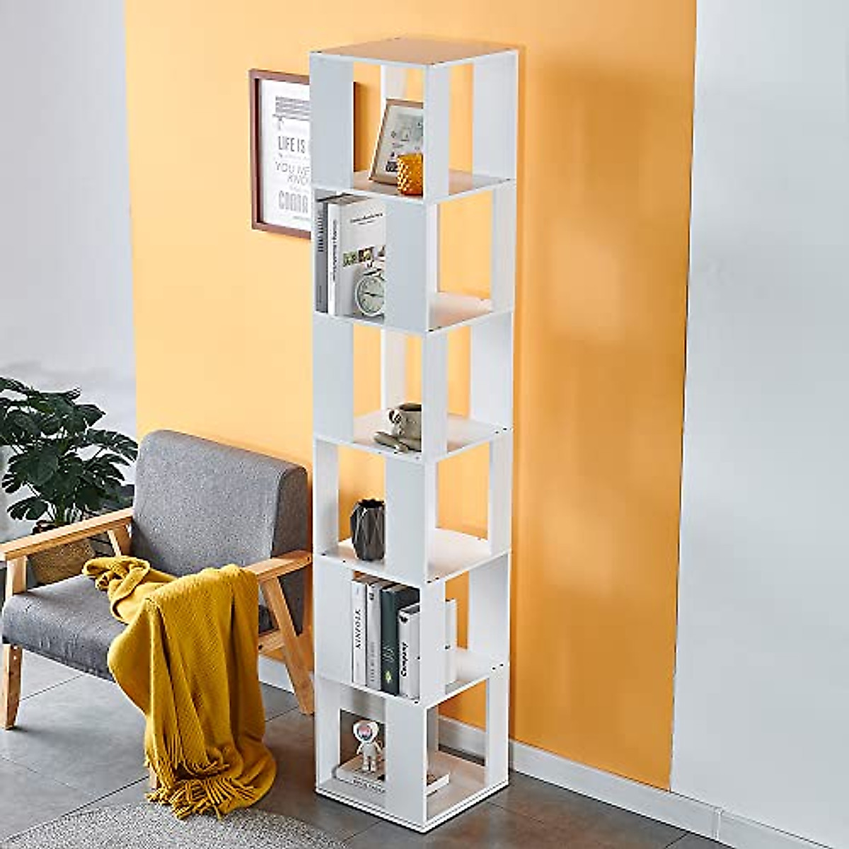 RVEE White Rotating Bookshelf 360°, 6 Tier Corner Bookcase for Living Room Floor Bookcase Wooden Bookshelf Home Office Corner Tall Bookcase (White)