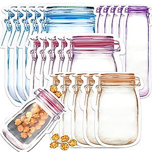 ASTER 20pcs Reusable Mason Jar Ziplock Bags Storage for Food Snack Sandwich, Airtight Seal Leak Proof Food Bag, Resealable Zipper Bottles Shaped Baggies for Kitchen Travel Camping and Kids