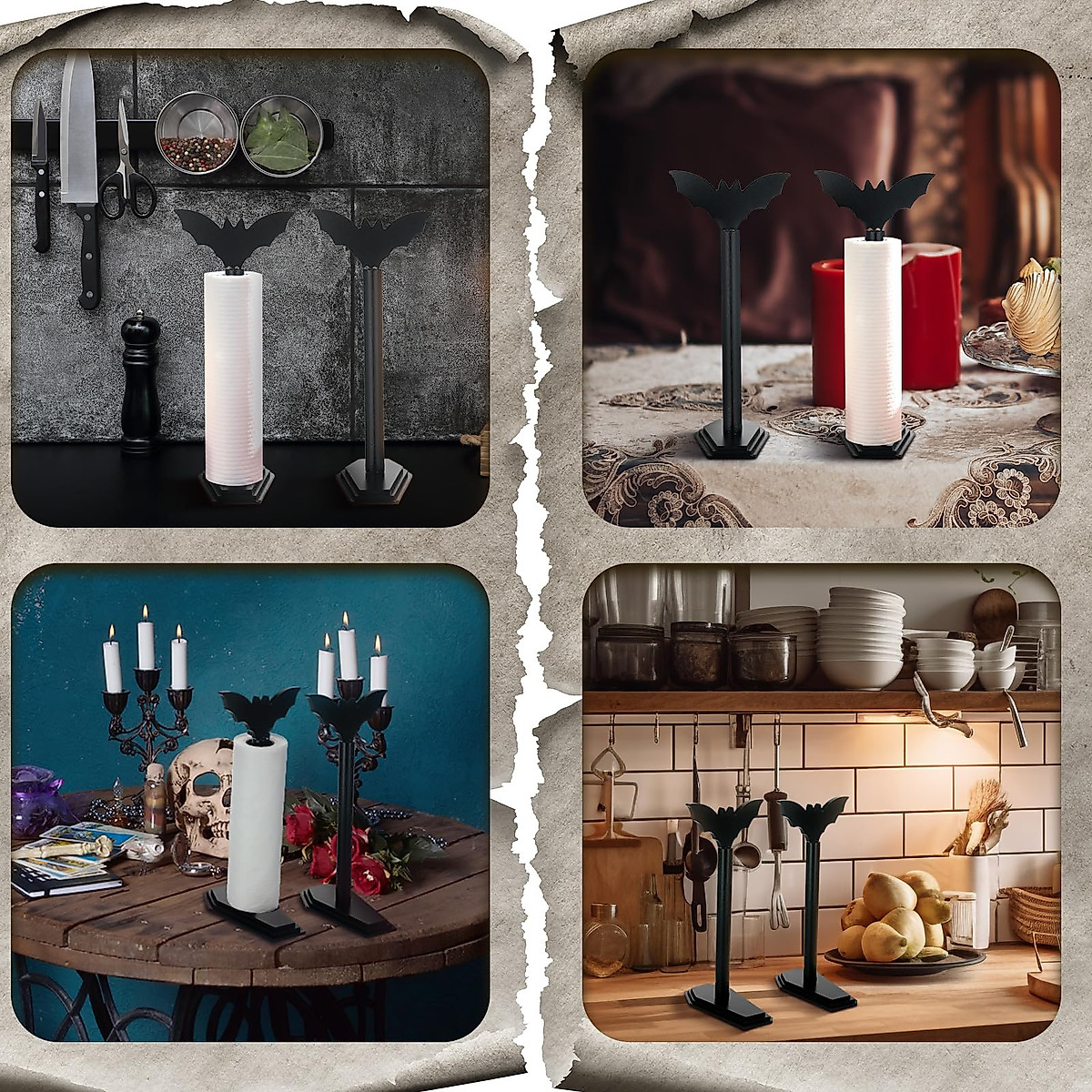 Yaomiao 2 Pcs Bat Paper Towel Holder Halloween Decor Gothic Paper Towel Dispenser Wooden Roll Stand Organizer for Kitchen Bathroom Home Toilet Gifts for Women