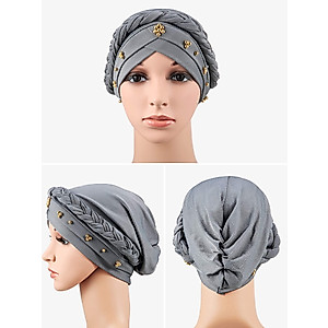4 Pieces African Women Turban Cap Head Wraps Beaded Headscarf Beanie Wrap (Black, Grey, White, Red,Bead Style)