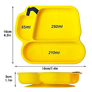 Baby Plate Silicone Divided, Suction Toddler Plates Dishes for Toddler Kids Self Feeding, BPA Free, Microwave & Dishwasher Safe(Yellow)